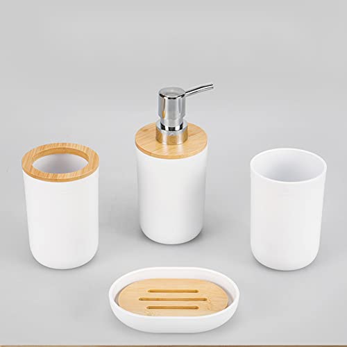 Bathroom Accessories Set, Set of 8 Piece Plastic Gift Set Toothbrush Holder,Toothbrush Cup,Soap Dispenser,Soap Dish,Toilet Brush Holder,Trash Can,Cotton Swab can for Bathroom (White bamboo-8pcs)