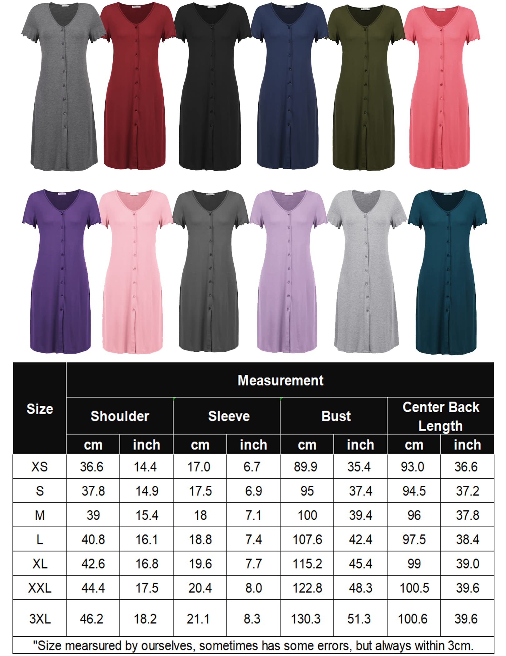 Ekouaer Women's Nightshirt Christmas Patterns Short Sleeve Button Down Nightgown V-Neck Sleepwear Pajama Dress, A-Blue Rose, M