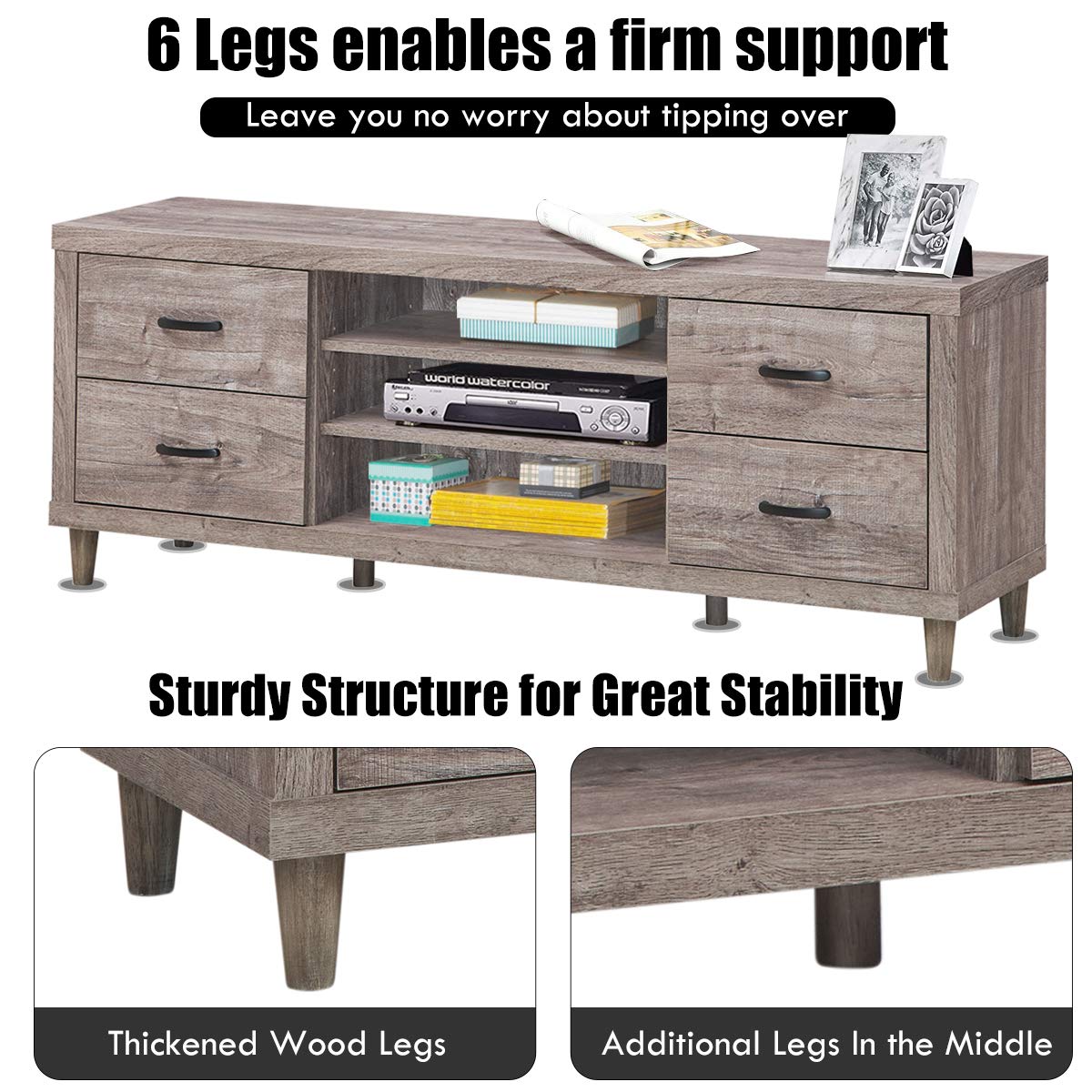 Tangkula Farmhouse TV Stand, Retro Wood Universal Stand for TV's up to 65" Flat Screen, 4 Drawers & 3 Open Shelves with 7 Adjustable Heights, 6 Legs Sturdy Structure, Rustic TV Console Table, Grey