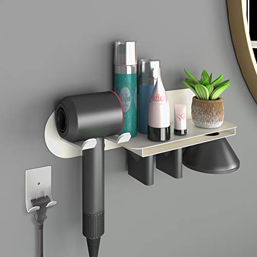 FLE Hair Dryer Holder Wall Mounted with Shelf - Hair Dryer Holder Rack Organizer Compatible for Dyson Supersonic Hair Dryer,White