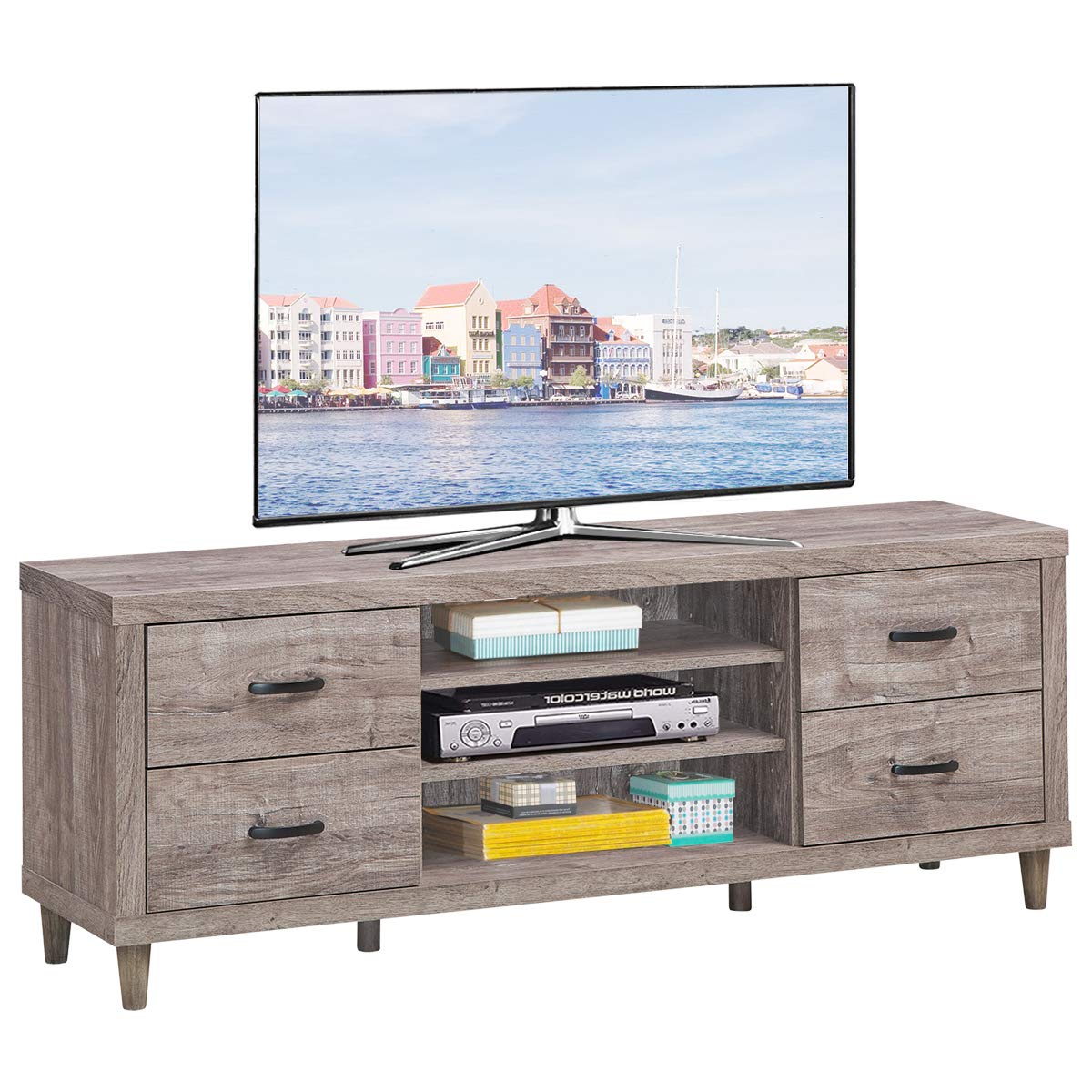 Tangkula Farmhouse TV Stand, Retro Wood Universal Stand for TV's up to 65" Flat Screen, 4 Drawers & 3 Open Shelves with 7 Adjustable Heights, 6 Legs Sturdy Structure, Rustic TV Console Table, Grey