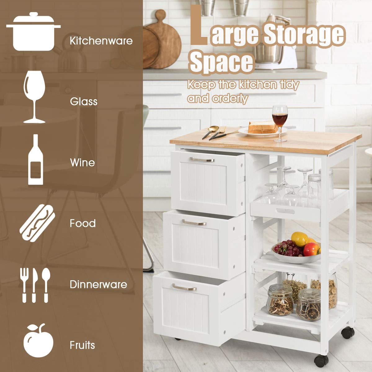 Giantex Kitchen Island Cart, Home Bar Serving Cart, Kitchen Trolley with 3 Large Drawers, Storage Shelf and 3 Tier Shelves, Rolling Storage Cabinet, Mobile Cart (White)