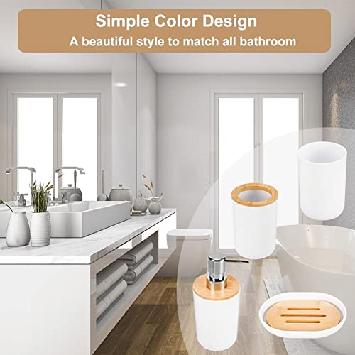 Bathroom Accessories Set, Set of 8 Piece Plastic Gift Set Toothbrush Holder,Toothbrush Cup,Soap Dispenser,Soap Dish,Toilet Brush Holder,Trash Can,Cotton Swab can for Bathroom (White bamboo-8pcs)