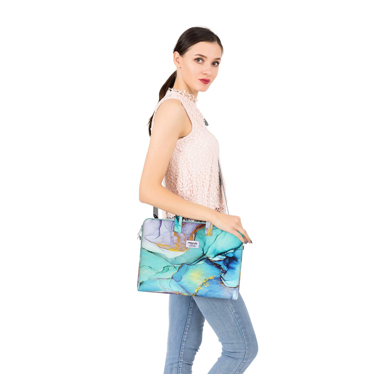 MOSISO Laptop Shoulder Bag Compatible with MacBook Air/Pro,13-13.3 inch Notebook,Compatible with MacBook Pro 14 inch M4 M3 M2 M1 Chip Pro Max,Carrying Briefcase Sleeve with Belt Marble MO-MBH189