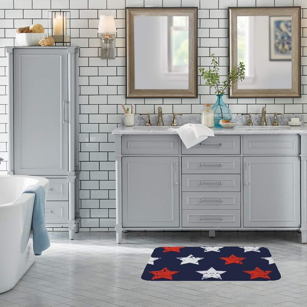 ZHONGJI Non-Slip Bath Mat Bath Rug Hand Drawn Stars Blue Red White Memory Foam Soft Rubber Back Floor Mats Dry Fast Machine Washable Hotel Bathroom 36 x 24 Inch