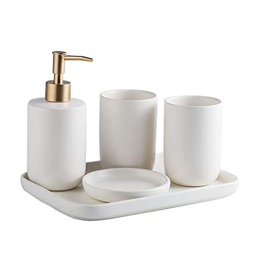 LJXX Bathroom Accessory Set, 4 Pieces Ceramic White Bathroom Accessories for Home and Hotel,Includes Soap Dish, Soap Dispenser Pump, Tumbler, Toothbrush Holder (White)