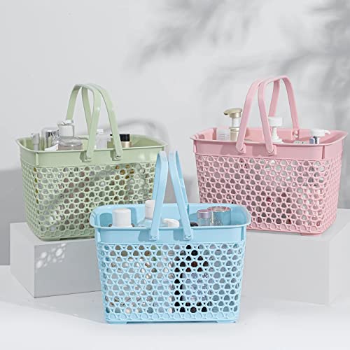 Anyoifax 2 Pack Portable Shower Caddy Tote, Plastic Storage Basket with Handle Bath Organizer Bin for Bathroom, Pantry, Kitchen, College Dorm, Set of 2, Blue & Pink