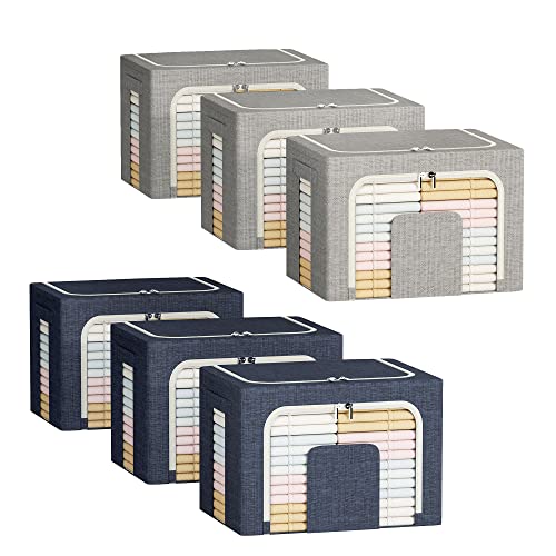 Furnhome 6 Pack Sturdy Clothes Storage Bins Organizer Containers, Stackable Storage Bins-Foldable Steel Frame Storage Box for Clothing Storage with Clear Window & Reinforced Handles