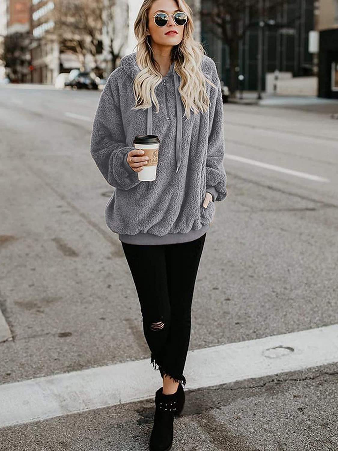 Century Star Womens Fuzzy Hoodies Pullover Sport Hoodie Cozy Oversized Pockets Hooded Sweatshirt Athletic Fleece Hoodies Grey Medium