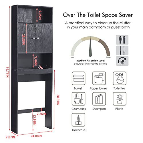 ME2 Bathroom Over The Toilet Storage Cabinet, 77'' Taller Bathroom Organizer Shelf Space-Saving Collect Cabinet with Shelves and Double Doors, Black