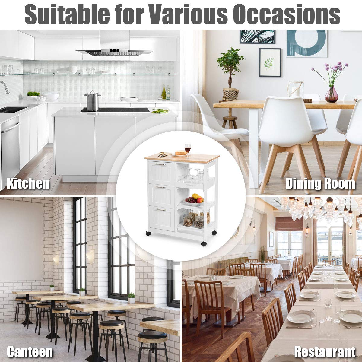 Giantex Kitchen Island Cart, Home Bar Serving Cart, Kitchen Trolley with 3 Large Drawers, Storage Shelf and 3 Tier Shelves, Rolling Storage Cabinet, Mobile Cart (White)