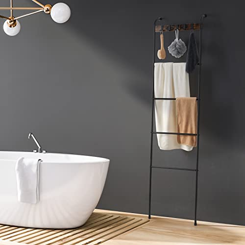 Blanket Ladder Metal Black Blanket Holder with Hooks Leaning Towel Rack Blanket Ladders for The Living Room Bathroom Bedroom (Matte Black)