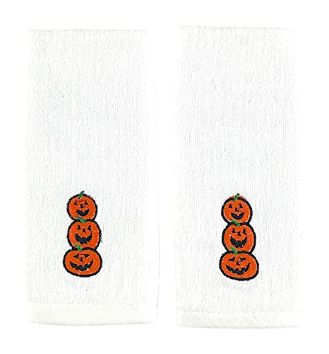 Serafina Home Decorative Halloween Tip Towels: Plush White Embroidered Cotton Jack O Lantern Pumpkin Design, 2 Piece Set, 11" x 18" Inch Each