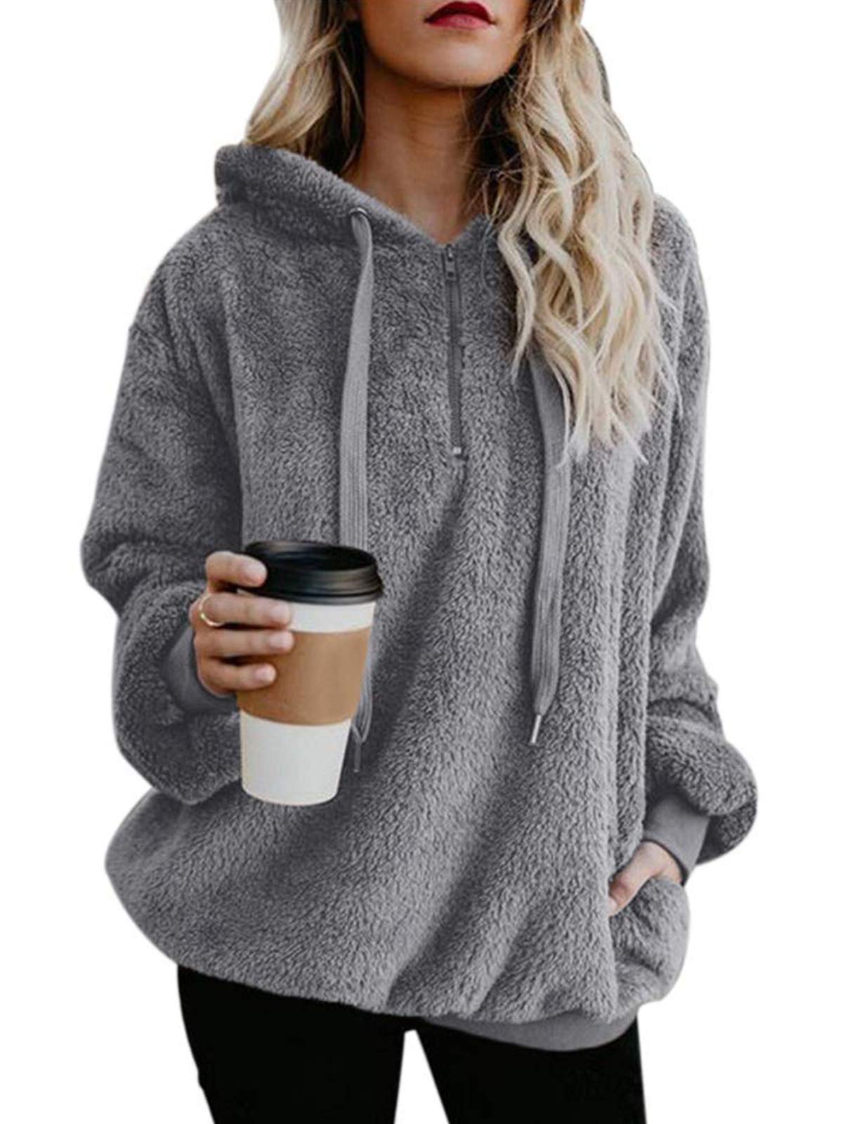 Century Star Womens Fuzzy Hoodies Pullover Sport Hoodie Cozy Oversized Pockets Hooded Sweatshirt Athletic Fleece Hoodies Grey Medium