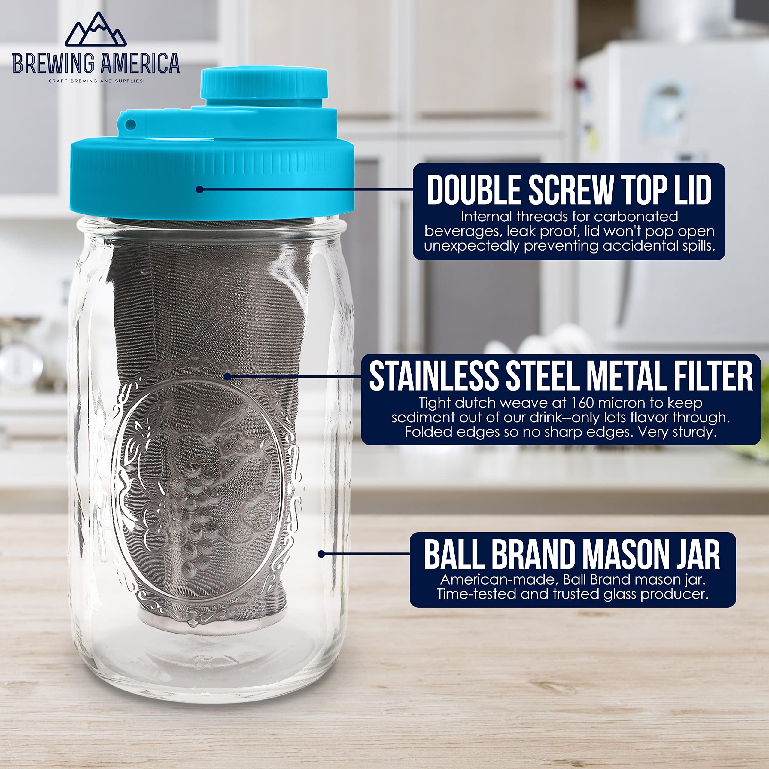 Brewing America Mason Jar Cold Brew Coffee Maker Infuser: Made in USA Wide Mouth Mason Jar with Screw Top Pour Lid, Stainless Steel Filter for Delicious Coffee, Tea, Alcohol - 1 Quart 32 oz Teal Lid
