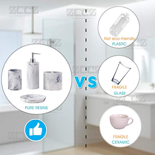 ZCCZ Bathroom Accessory Set, 4 Pcs Marble Look Bathroom Vanity Countertop Accessory Set Bathroom Décor Sets Accessories with Soap Dispenser Bathroom Toothbrush Holder Set, Bathroom Tumbler, Soap Dish