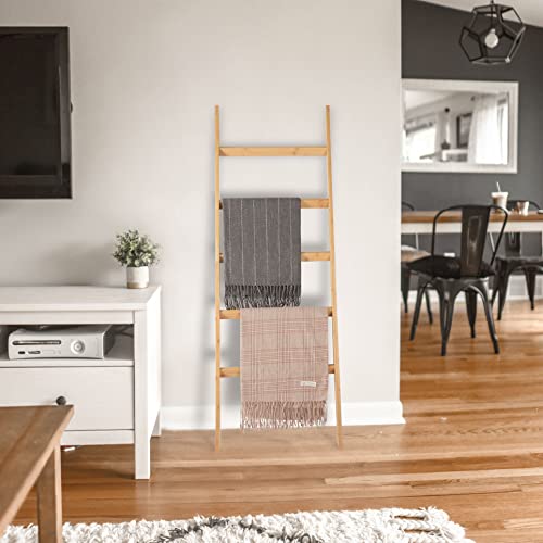 SIMEFUL 5 ft Blanket Ladder,Blanket Display Rack, Farmhouse Blanket Holder,Wall Leaning Ladder Shelf,Bamboo Towel Rack,Decorative Quilt Stand for Living Room, Bathroom, Bedroom