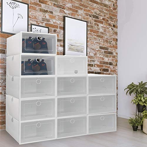 SHNORM Transparent Shoe Storage Box - Folding Large Size Cabinet Unit Easy Assembly, Stackable Shoe Storage Box with Lid for Women/Men (24/12/6Pcs) (#2:24Pcs with Lid, White)