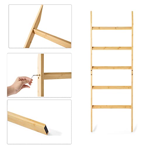 SIMEFUL 5 ft Blanket Ladder,Blanket Display Rack, Farmhouse Blanket Holder,Wall Leaning Ladder Shelf,Bamboo Towel Rack,Decorative Quilt Stand for Living Room, Bathroom, Bedroom