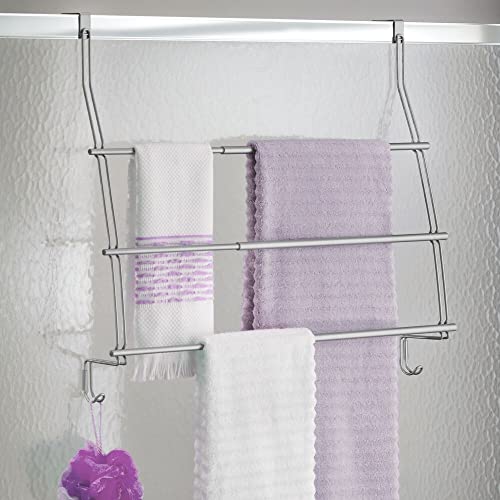 mDesign Expandable Metal Over Shower Door Towel Rack for Bathroom - 3-Tier Organizer with 2 Large Hooks - Holder for Hand/Bath Towels, Washcloths, Loofahs, Sponges - Trinity Collection -Chrome