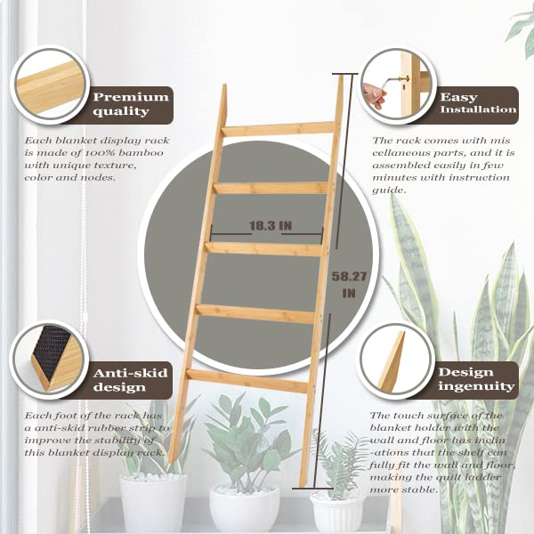 SIMEFUL 5 ft Blanket Ladder,Blanket Display Rack, Farmhouse Blanket Holder,Wall Leaning Ladder Shelf,Bamboo Towel Rack,Decorative Quilt Stand for Living Room, Bathroom, Bedroom