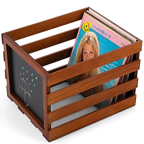 HYNAWIN Vinyl Record Storage Crate, Wooden Album Storage Holder Record Organizer Box, Brown