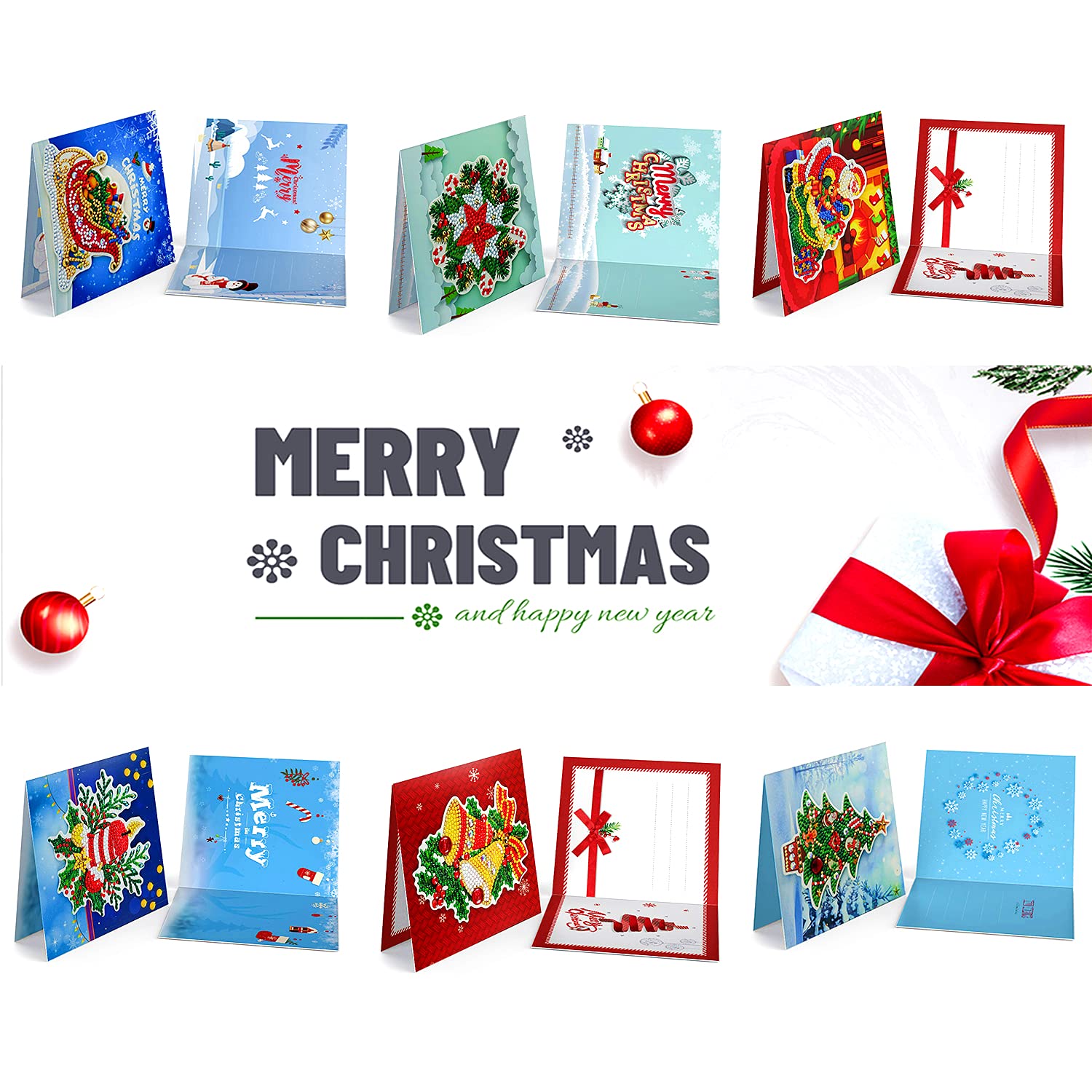 Huacan Christmas Cards 5D DIY Diamond Painting Round Drill Greeting Thank You Cards Creative 8 Packs