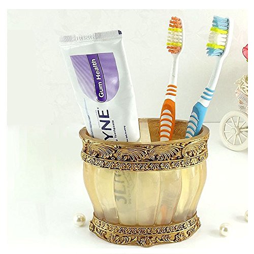 LUANT Vintage Golden Bathroom Accessories, 5Piece Bathroom Accessories Set, Bathroom Set Features, Soap Dispenser, Toothbrush Holder, Tumbler & Soap Dish - Golden Glossy - Bath Gift Set