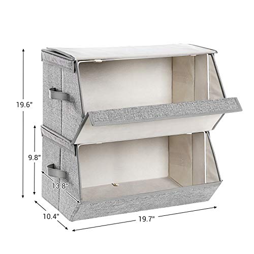 SONGMICS Stackable Storage Bins, Set of 2 Fabric Storage Boxes with Lids, with Magnetic Closures, Lid Can Stay Open after Stacking, 19.7 x 13.8 x 9.8 Inches, Light Gray URLB03GY
