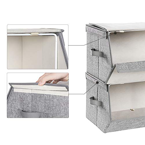 SONGMICS Stackable Storage Bins, Set of 2 Fabric Storage Boxes with Lids, with Magnetic Closures, Lid Can Stay Open after Stacking, 19.7 x 13.8 x 9.8 Inches, Light Gray URLB03GY