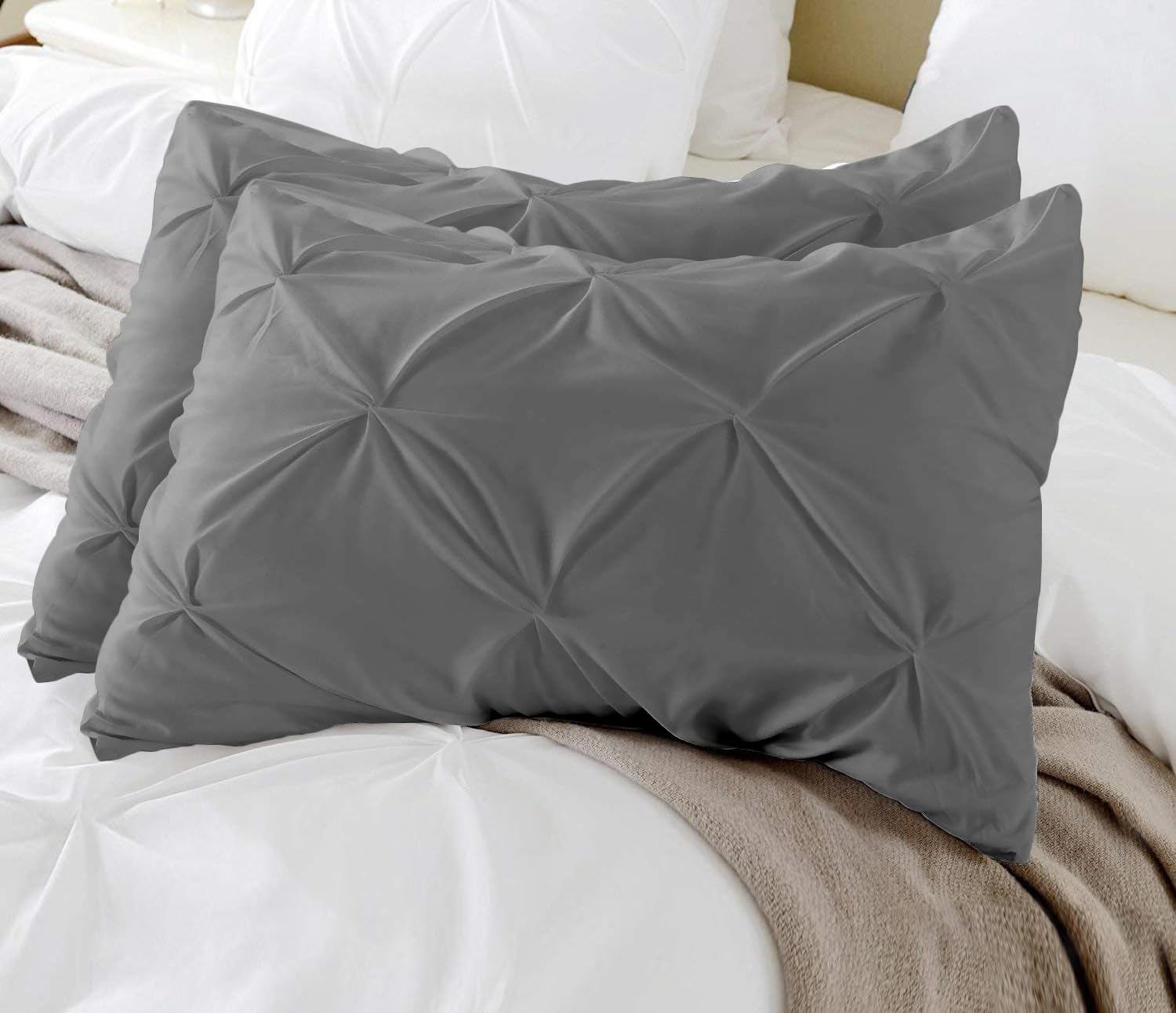 King Pillow Shams Set of 2 Pinch Pleated Dark Grey Pillow Shams King 20X36 Pinch Pillow Covers 100% Egyptian Cotton 600 Thread Count Hotel Class Bedding King Size Decorative Pinch Pillow Shams Set