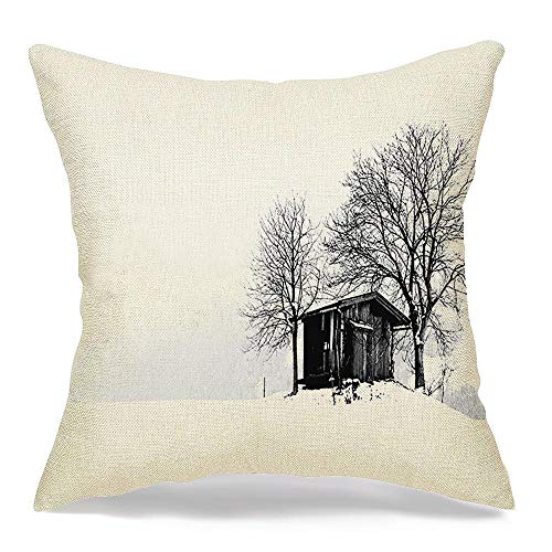 Decoration Linen Decorative Square Throw Pillow Cover Cushion Cover Landscape Black Away January White Snow Firewood Winter Leisure Cabin Hill Ski Wintersport Trees Home Decor for Party 18x18 Inch