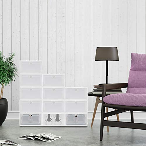 SHNORM Transparent Shoe Storage Box - Folding Large Size Cabinet Unit Easy Assembly, Stackable Shoe Storage Box with Lid for Women/Men (24/12/6Pcs) (#2:24Pcs with Lid, White)