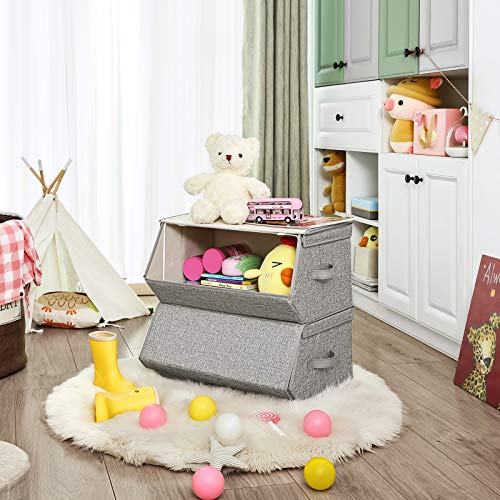 SONGMICS Stackable Storage Bins, Set of 2 Fabric Storage Boxes with Lids, with Magnetic Closures, Lid Can Stay Open after Stacking, 19.7 x 13.8 x 9.8 Inches, Light Gray URLB03GY