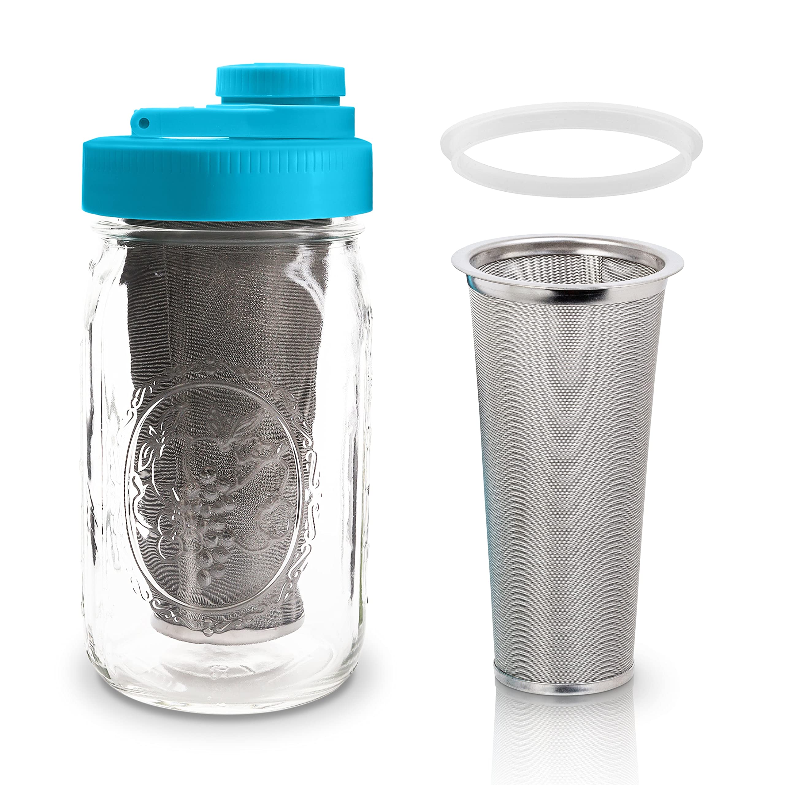 Brewing America Mason Jar Cold Brew Coffee Maker Infuser: Made in USA Wide Mouth Mason Jar with Screw Top Pour Lid, Stainless Steel Filter for Delicious Coffee, Tea, Alcohol - 1 Quart 32 oz Teal Lid