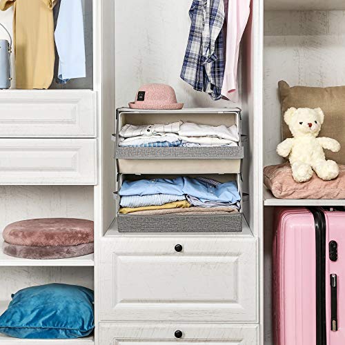 SONGMICS Stackable Storage Bins, Set of 2 Fabric Storage Boxes with Lids, with Magnetic Closures, Lid Can Stay Open after Stacking, 19.7 x 13.8 x 9.8 Inches, Light Gray URLB03GY
