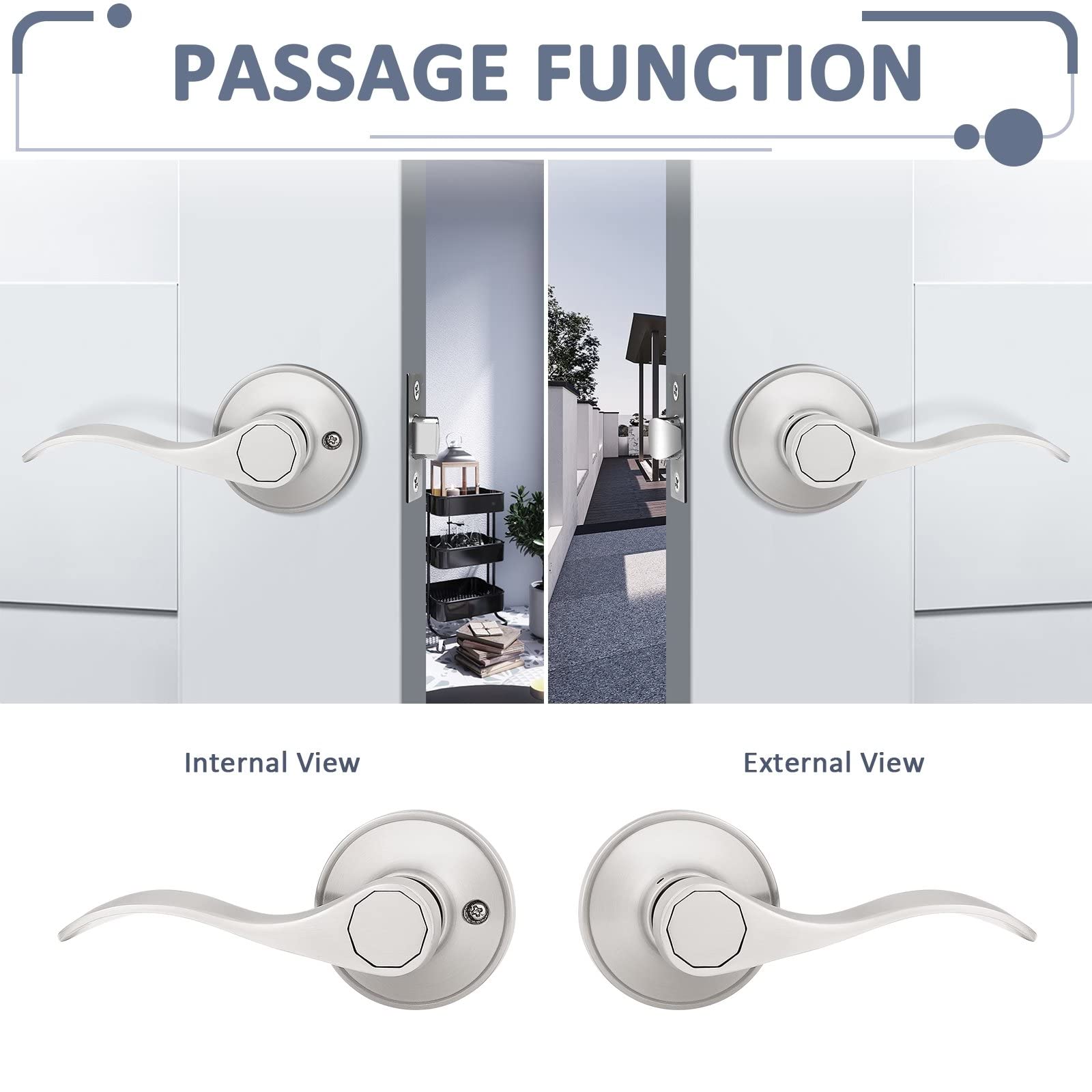 Probrico (2 Pack Passage Door Lever [Non-Locking Lever Set], Non-Locking Door Handle Set for Hallway or Closets, Keyless Satin Nickel Finish Wave Door Lock, Reversible Right & Left Side Handed