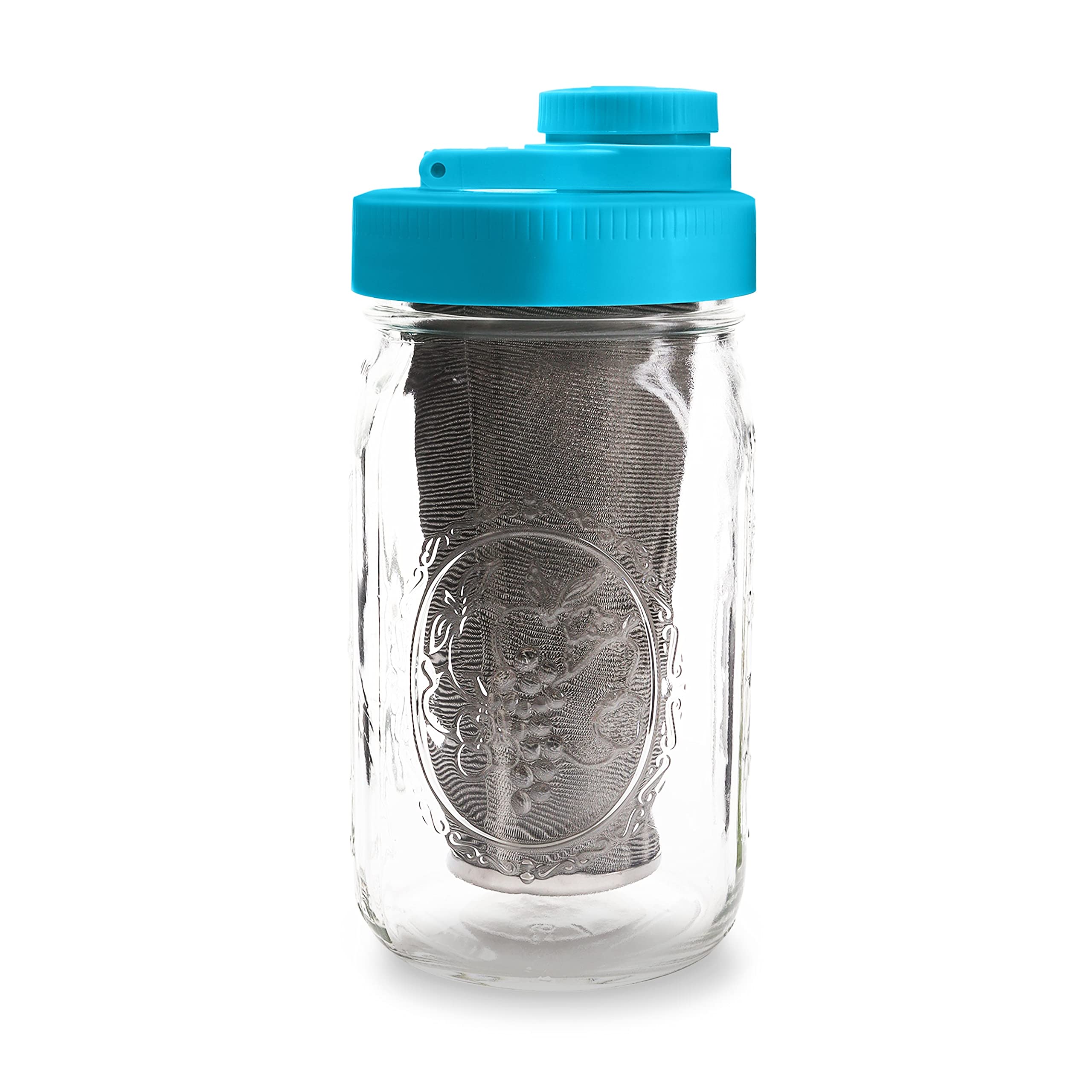 Brewing America Mason Jar Cold Brew Coffee Maker Infuser: Made in USA Wide Mouth Mason Jar with Screw Top Pour Lid, Stainless Steel Filter for Delicious Coffee, Tea, Alcohol - 1 Quart 32 oz Teal Lid