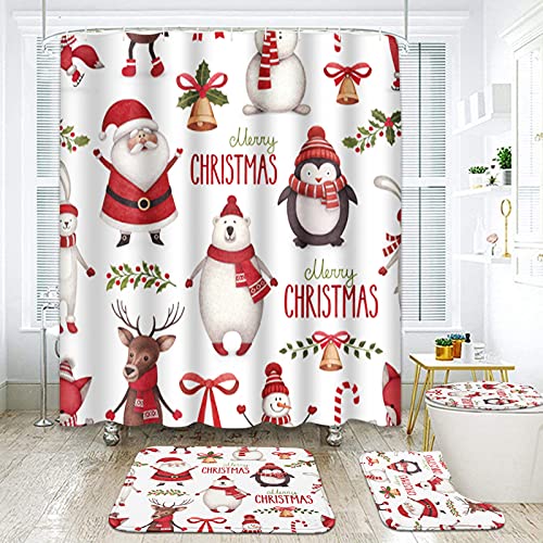 Britimes 4 Piece Shower Curtain Sets with 12 Hooks, Christmas Santa Claus Penguin with Non-Slip Rugs, Toilet Lid Cover and Bath Mat, Durable and Waterproof, for Bathroom Decor Set, 72" x 72"