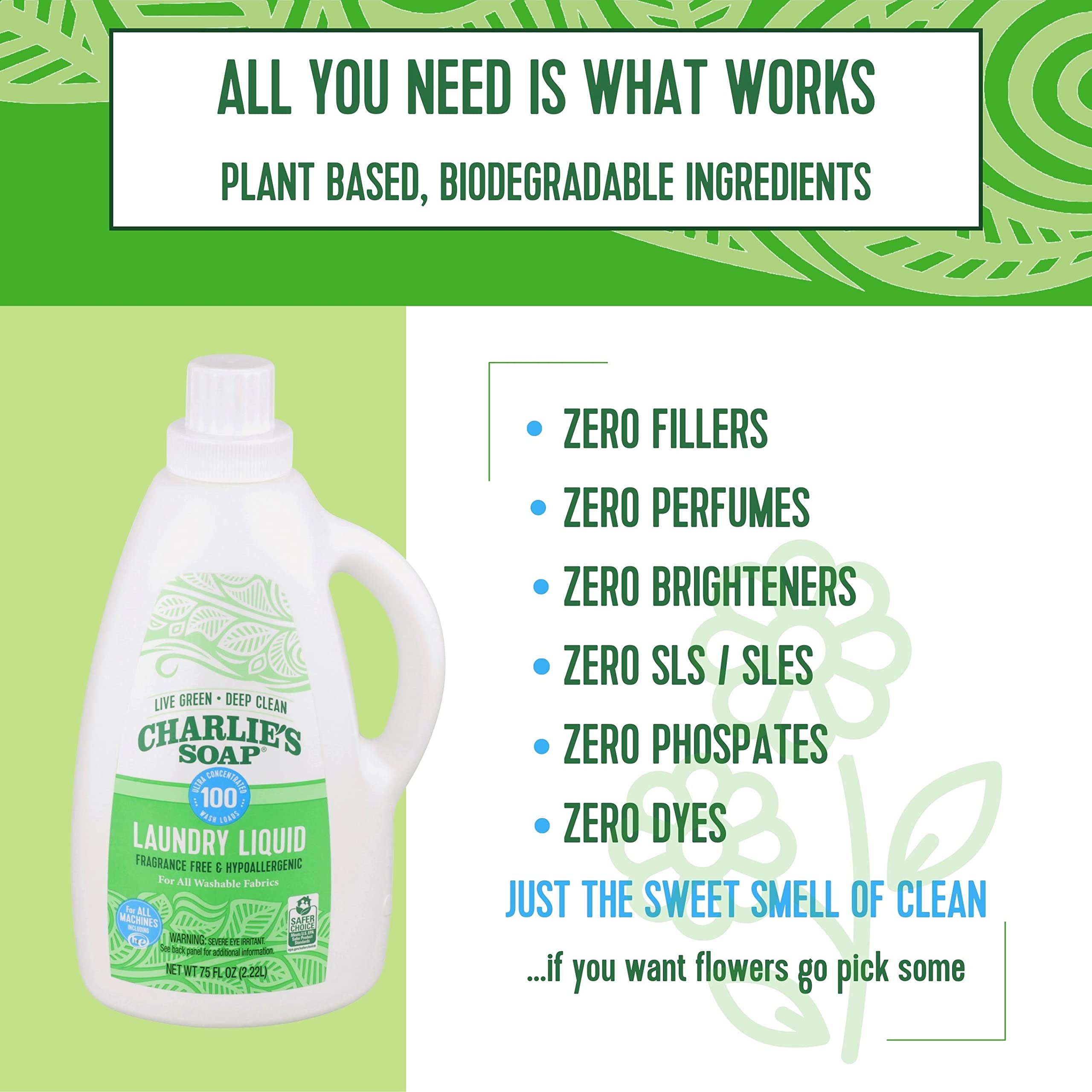 Charlie’s Soap Laundry Liquid (100 Loads, 1 Pack) 75.0 Fl Oz Natural Deep Cleaning Hypoallergenic Laundry Detergent – Eco-Friendly, Safe and Effective