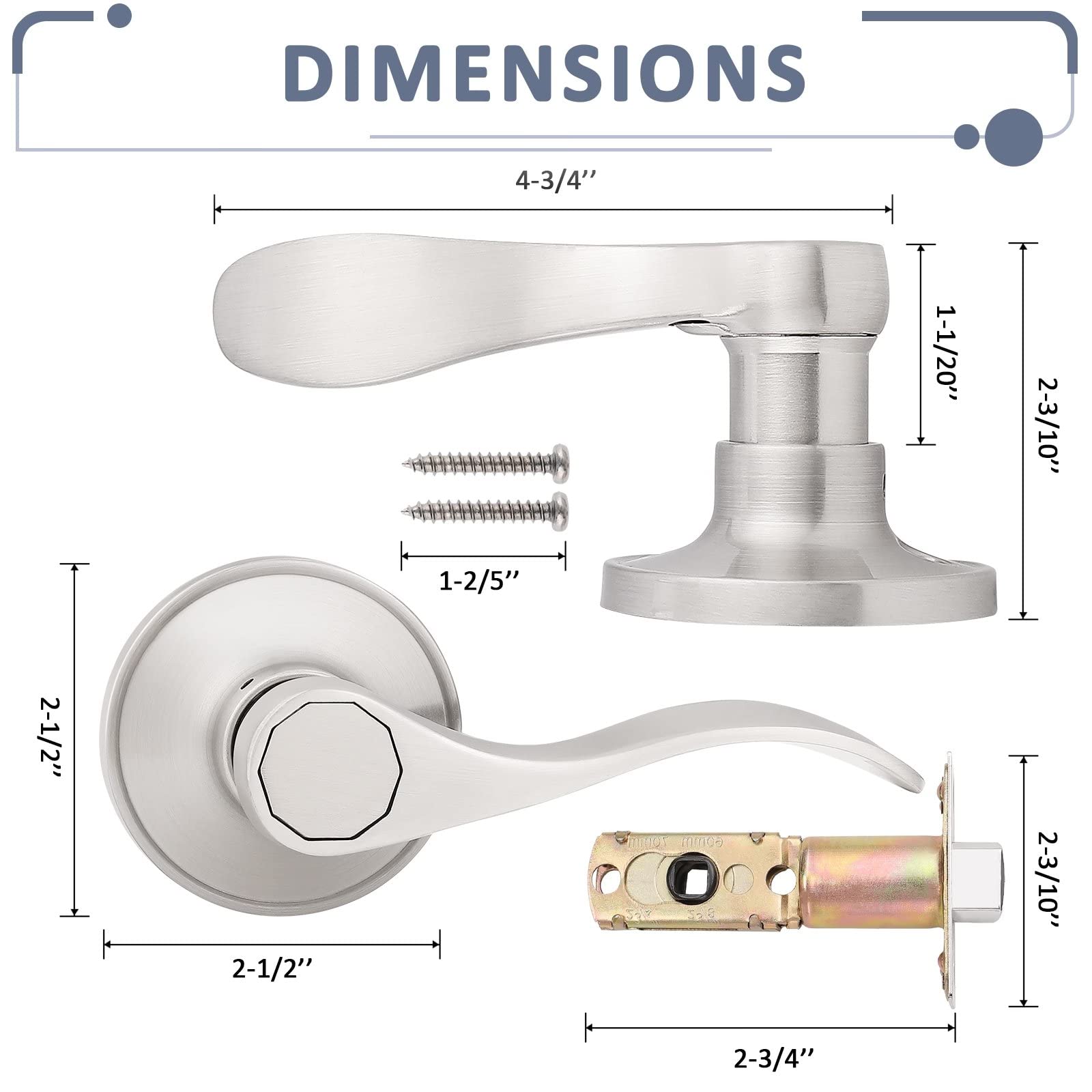 Probrico (2 Pack Passage Door Lever [Non-Locking Lever Set], Non-Locking Door Handle Set for Hallway or Closets, Keyless Satin Nickel Finish Wave Door Lock, Reversible Right & Left Side Handed