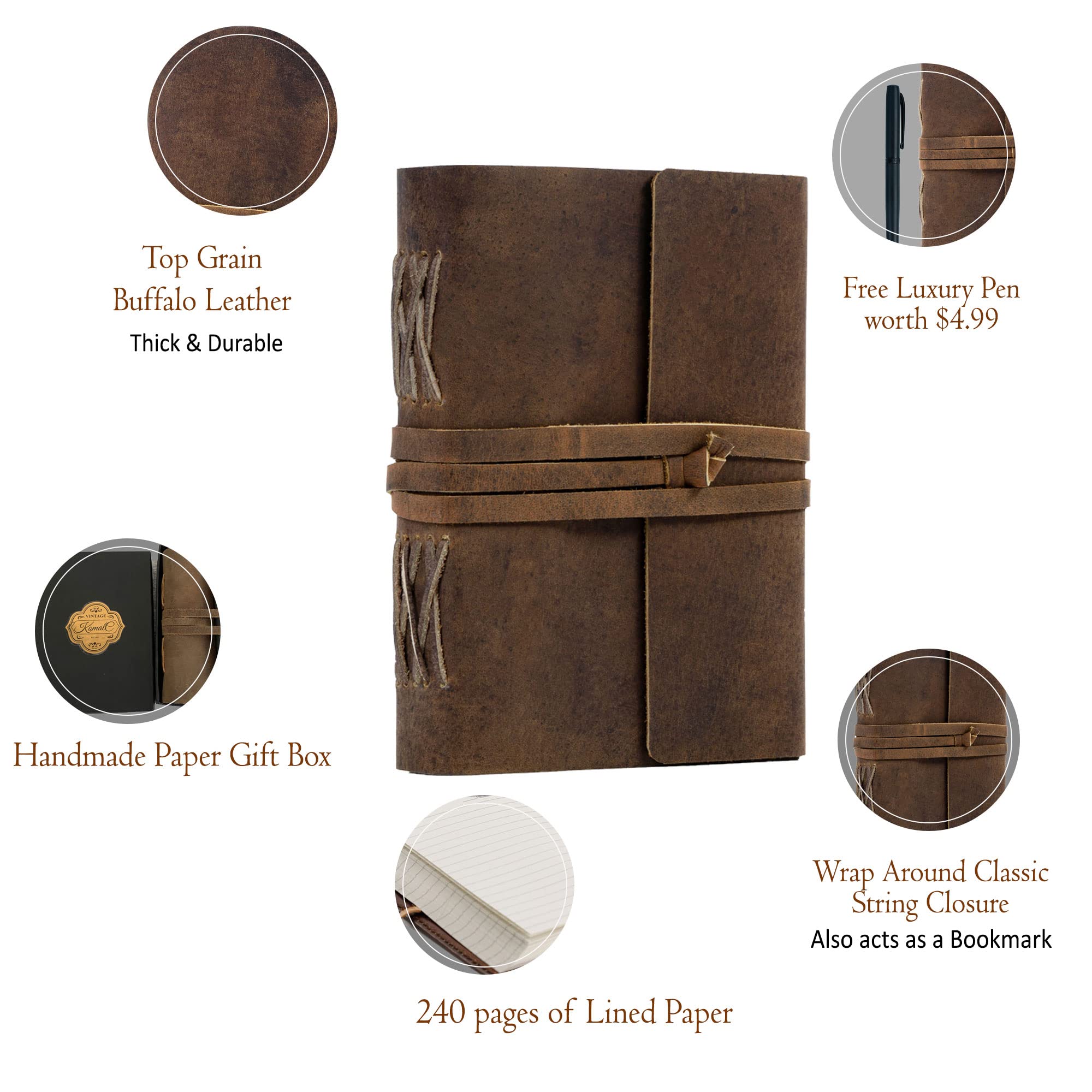Leather Journal Lined Paper with luxury pen Handmade Leather Journal/Writing Notebook Diary/Bound Daily Notepad for Men & Women Medium, Writing pad for Artist, Sketch (8 X 6)