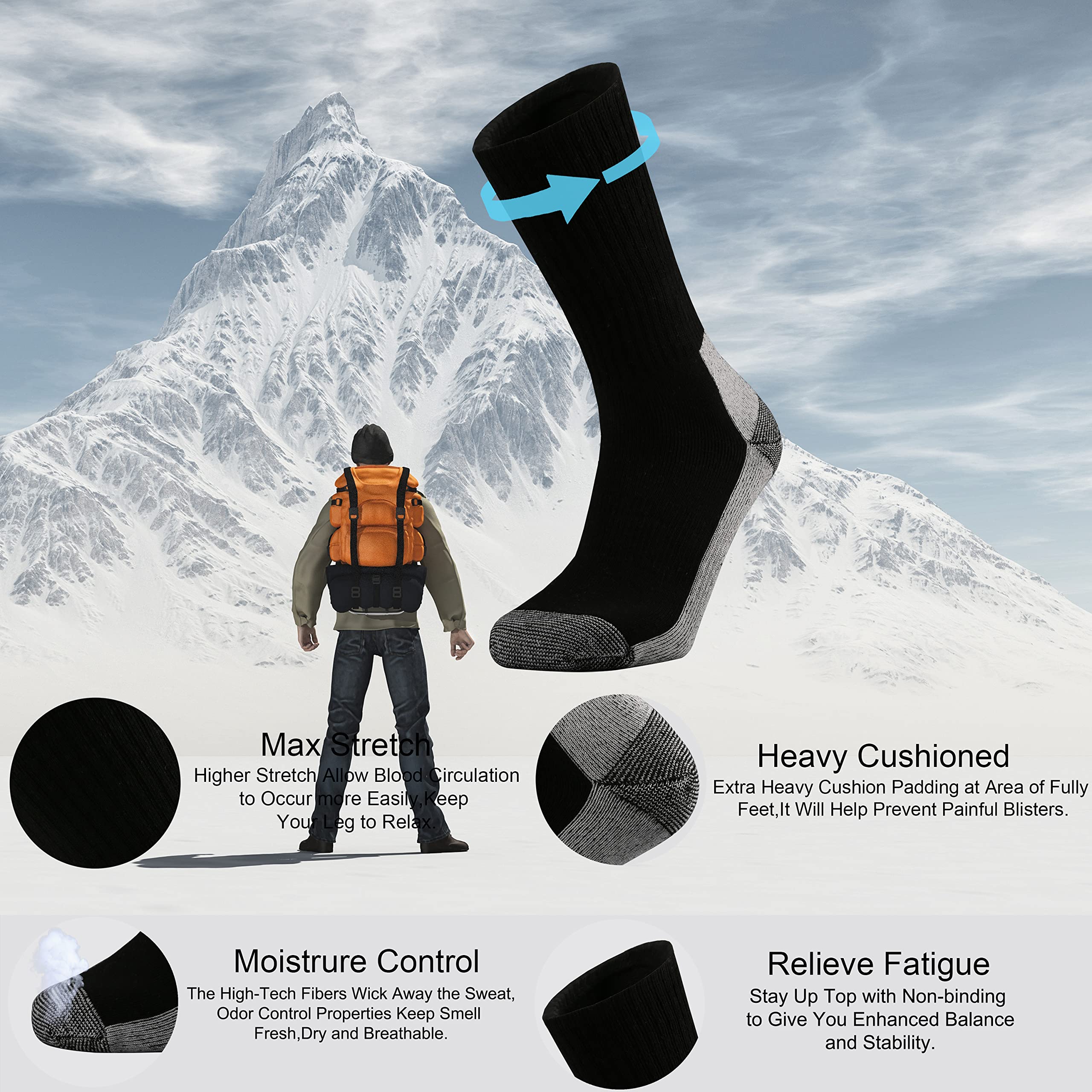 Ortis Men's Cotton Cushion Crew Socks Moisture Wicking Breathable Thick Warm Thermal for Athletic Heavy Duty Work Boot(Black Grey L)