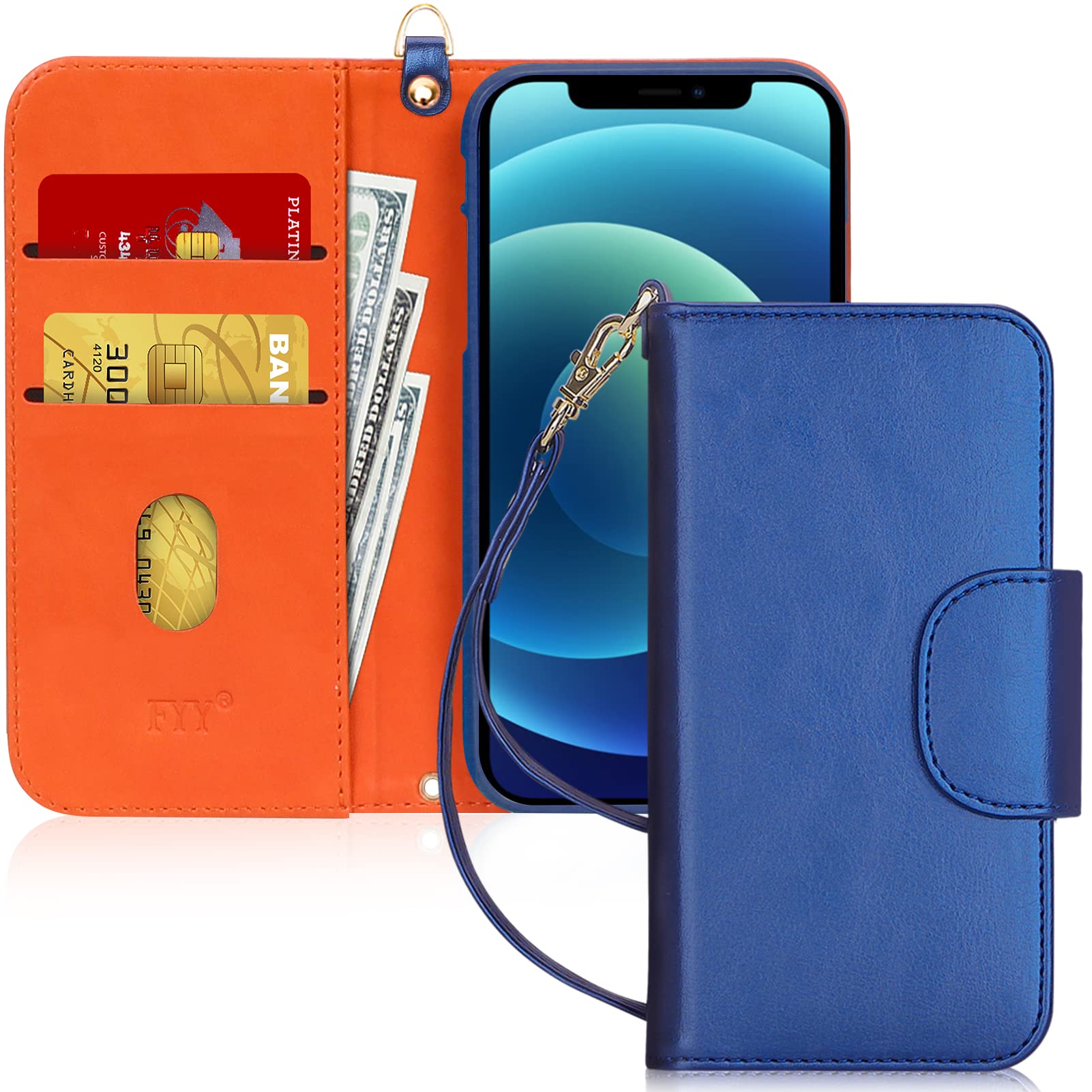 FYY Compatible with iPhone 12 Mini Case, [Kickstand Feature] Luxury PU Leather Wallet Case Flip Folio Cover with [Card Slots] and [Note Pockets] for iPhone 12 Mini 5G 5.4" Navy