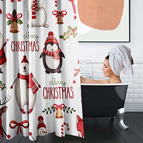 Britimes 4 Piece Shower Curtain Sets with 12 Hooks, Christmas Santa Claus Penguin with Non-Slip Rugs, Toilet Lid Cover and Bath Mat, Durable and Waterproof, for Bathroom Decor Set, 72" x 72"
