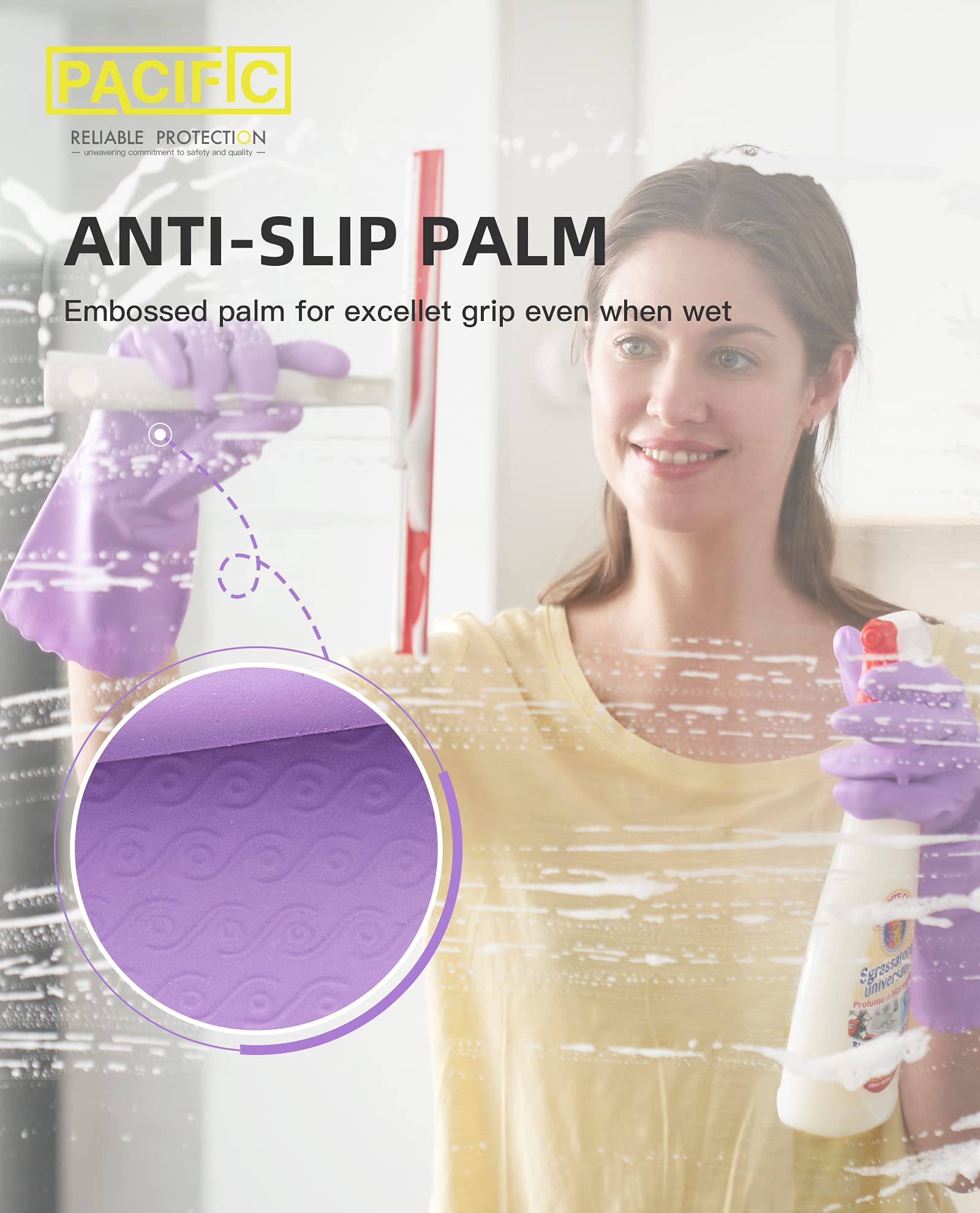 PACIFIC PPE 4 Pairs Reusable Dishwashing Cleaning Gloves with Latex Free, Cotton Lining, Kitchen Gloves, Purple, Small