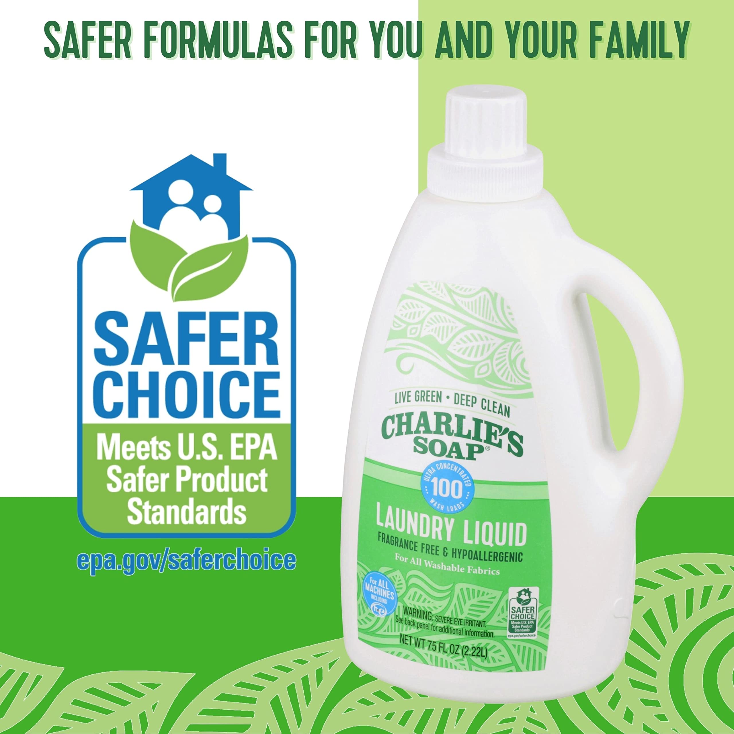 Charlie’s Soap Laundry Liquid (100 Loads, 1 Pack) 75.0 Fl Oz Natural Deep Cleaning Hypoallergenic Laundry Detergent – Eco-Friendly, Safe and Effective