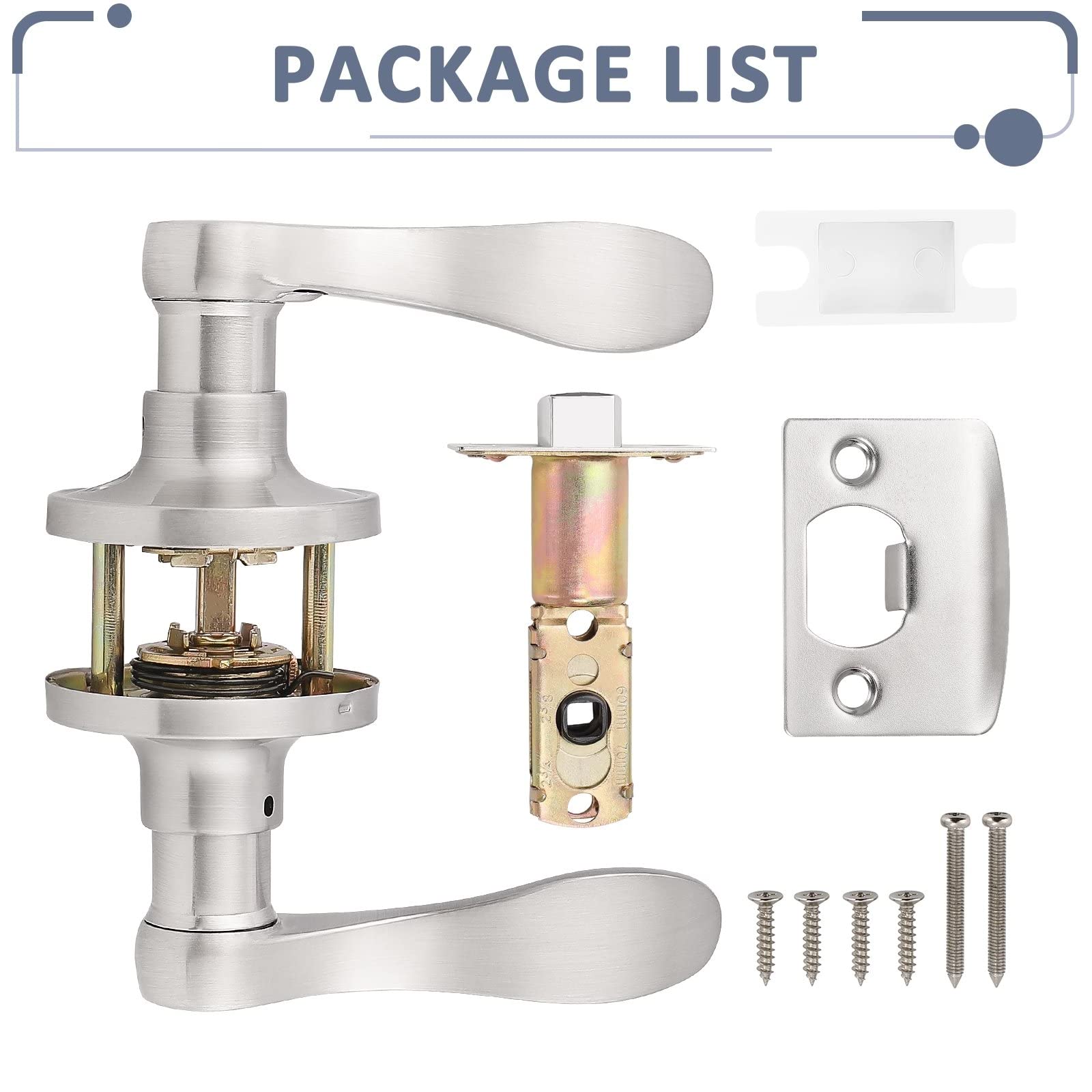 Probrico (2 Pack Passage Door Lever [Non-Locking Lever Set], Non-Locking Door Handle Set for Hallway or Closets, Keyless Satin Nickel Finish Wave Door Lock, Reversible Right & Left Side Handed