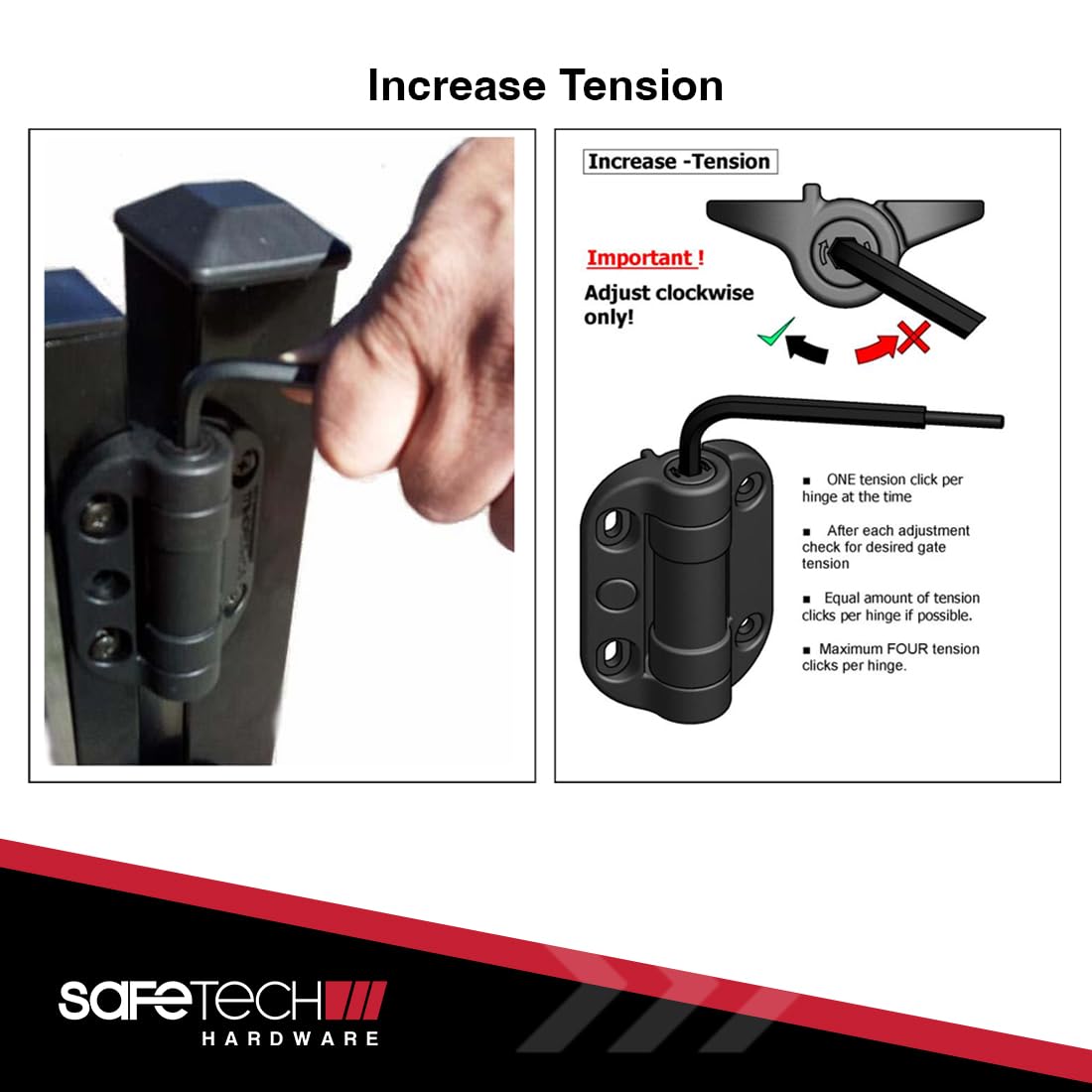 Safetech Hardware MegaKlik Self Closing Gate Hinges | Self-Aligning Heavy Duty Spring Hinges | Adjustable Tension | Pool safety Hinge | Square Post, Aluminum Gates | Swing Close 185 lbs SHH135 - Black
