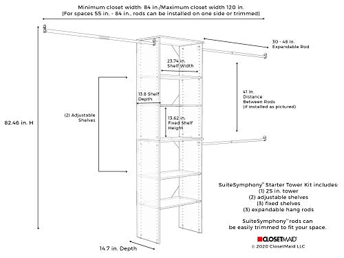ClosetMaid SuiteSymphony Wood Closet Organizer Starter Kit Tower and 3 Hang Rods, Shelves, Adjustable, Fits Spaces 5 β 10 ft. Wide, Pure White, 25"